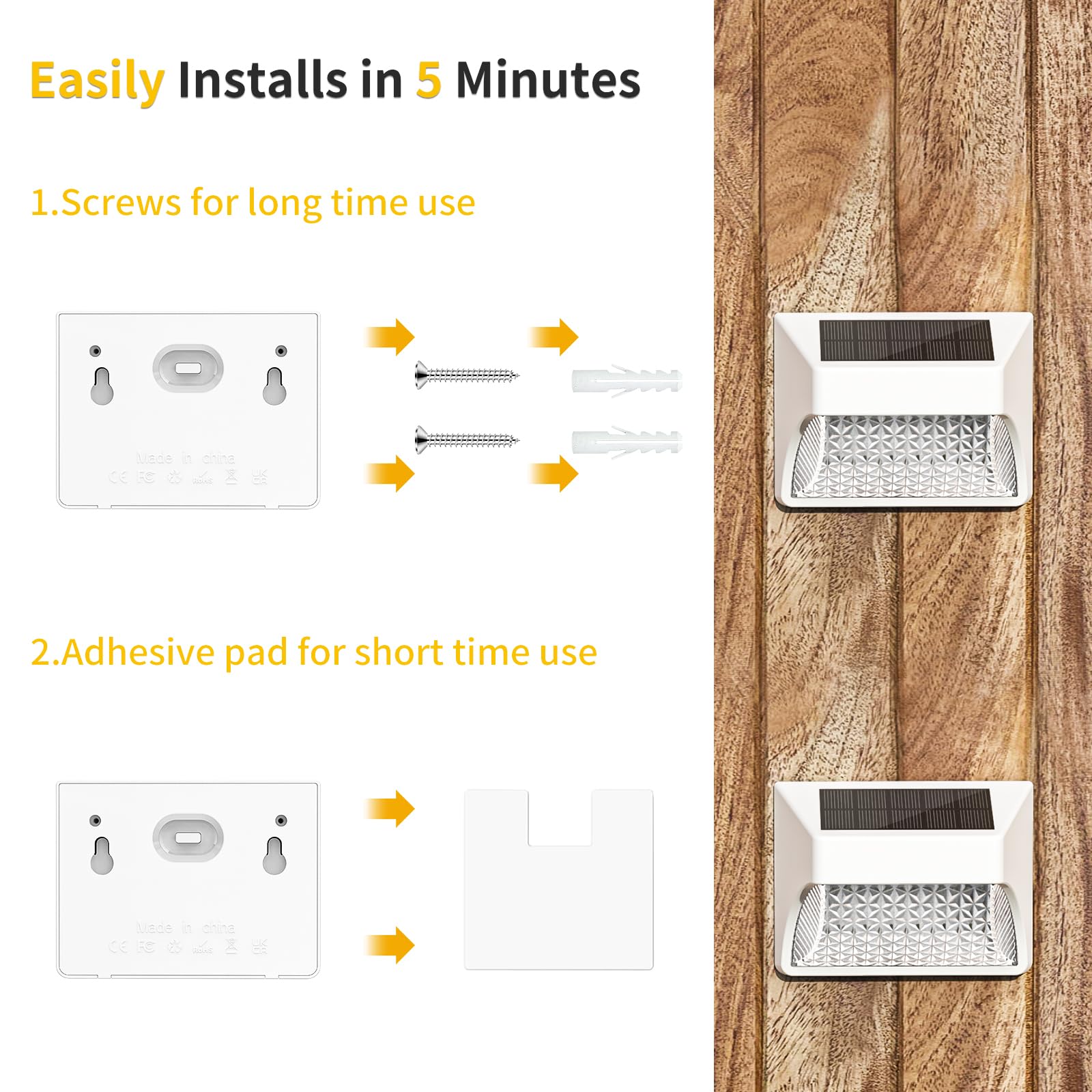 (8 Pack, 20LM) Stay on Solar Outdoor Lights from Dusk to Dawn, 2 Modes: Warm White/Cool White, IP65 Waterproof Solar Powered LED Light for Fence Deck Step Yard Stair Garden Decorative, Wall Mount