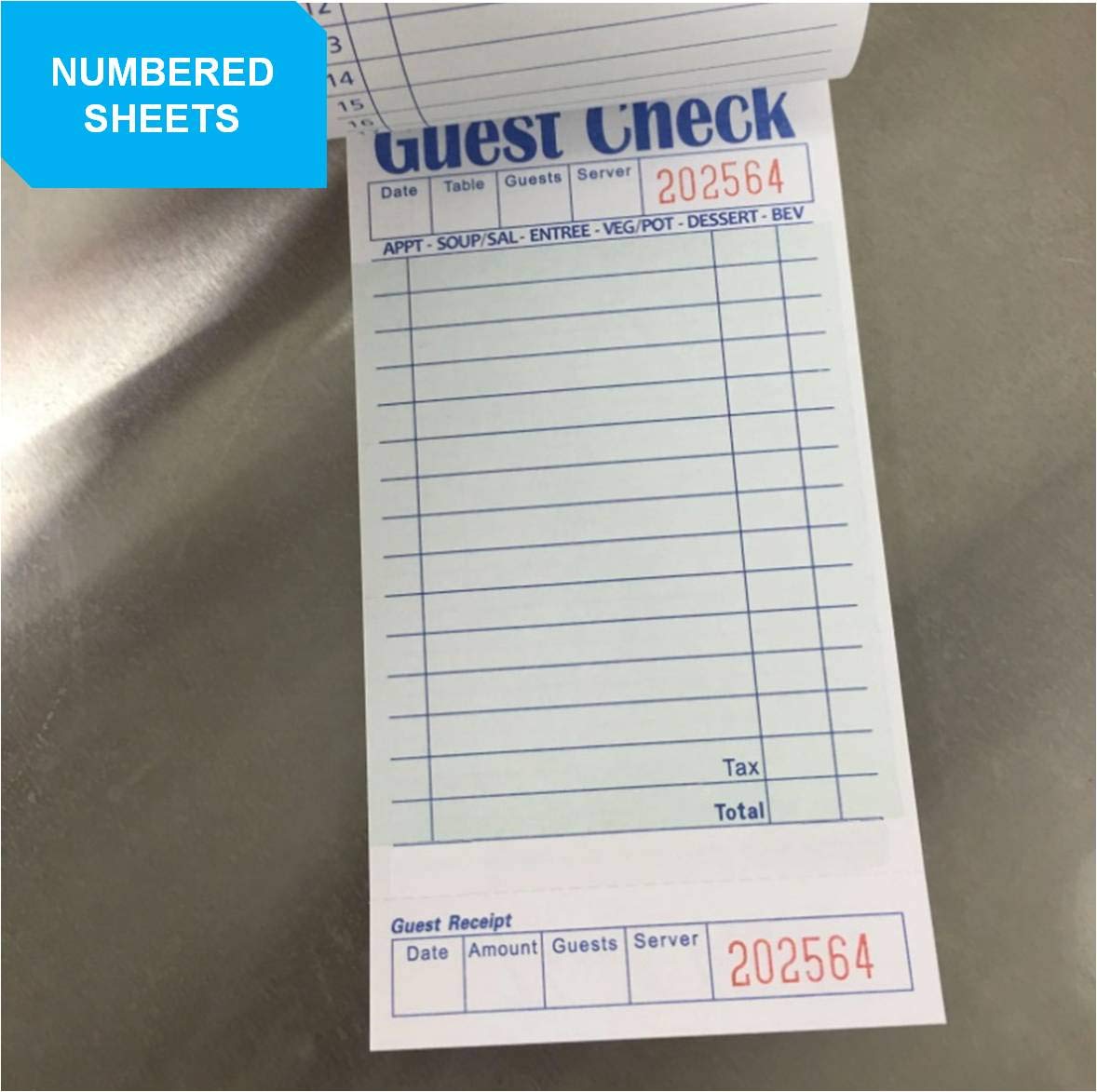 [10 Pads, 50 Sheets/Pad] Single Part Guest Checks Notebook/Notepad for Food Kitchen Orders | Fits Staff Server Apron | Green and White Guest Receipt Book | For Business Bar Cafe Restaurant Waitress