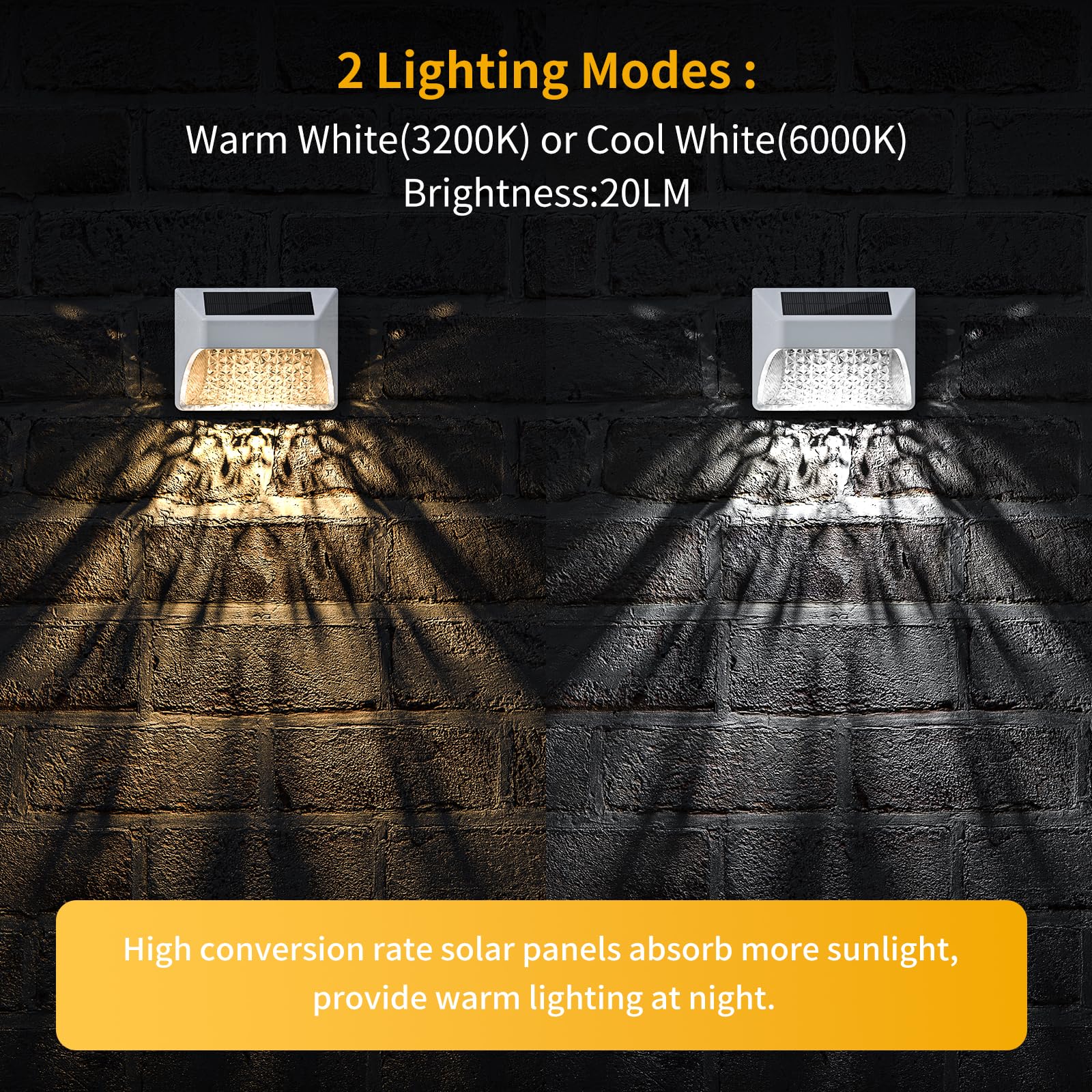 (8 Pack, 20LM) Stay on Solar Outdoor Lights from Dusk to Dawn, 2 Modes: Warm White/Cool White, IP65 Waterproof Solar Powered LED Light for Fence Deck Step Yard Stair Garden Decorative, Wall Mount