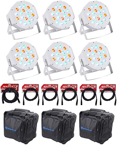 (6) Rockville LED RGB Par Can Wash Light - White Bundle: (3) DJ/Club/Stage Wash Lights, (1) Universal Travel Bag, (1) 25ft 3 Pin DMX Lighting Cable, (5) 10ft 3 Pin DMX Lighting Cables (15 Items)