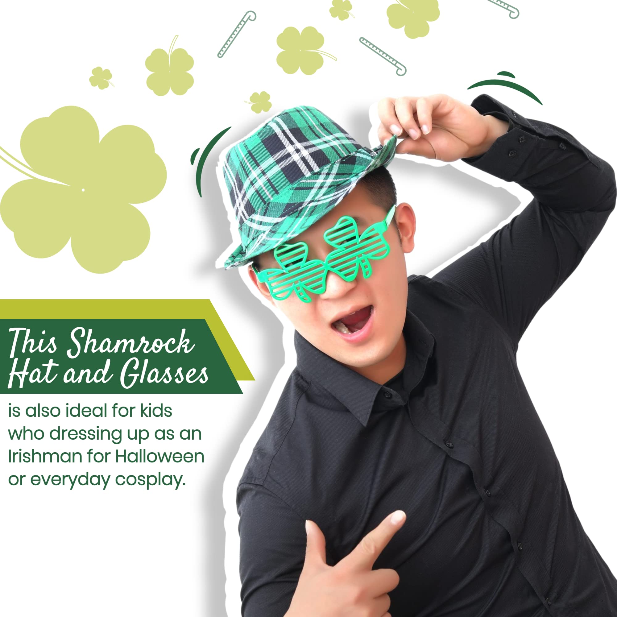 (Combo Pack) St. Patrick’s Day Hat (Large) and Shamrock Shutter Sunglasses - Green Fedora with Irish Plaid Design