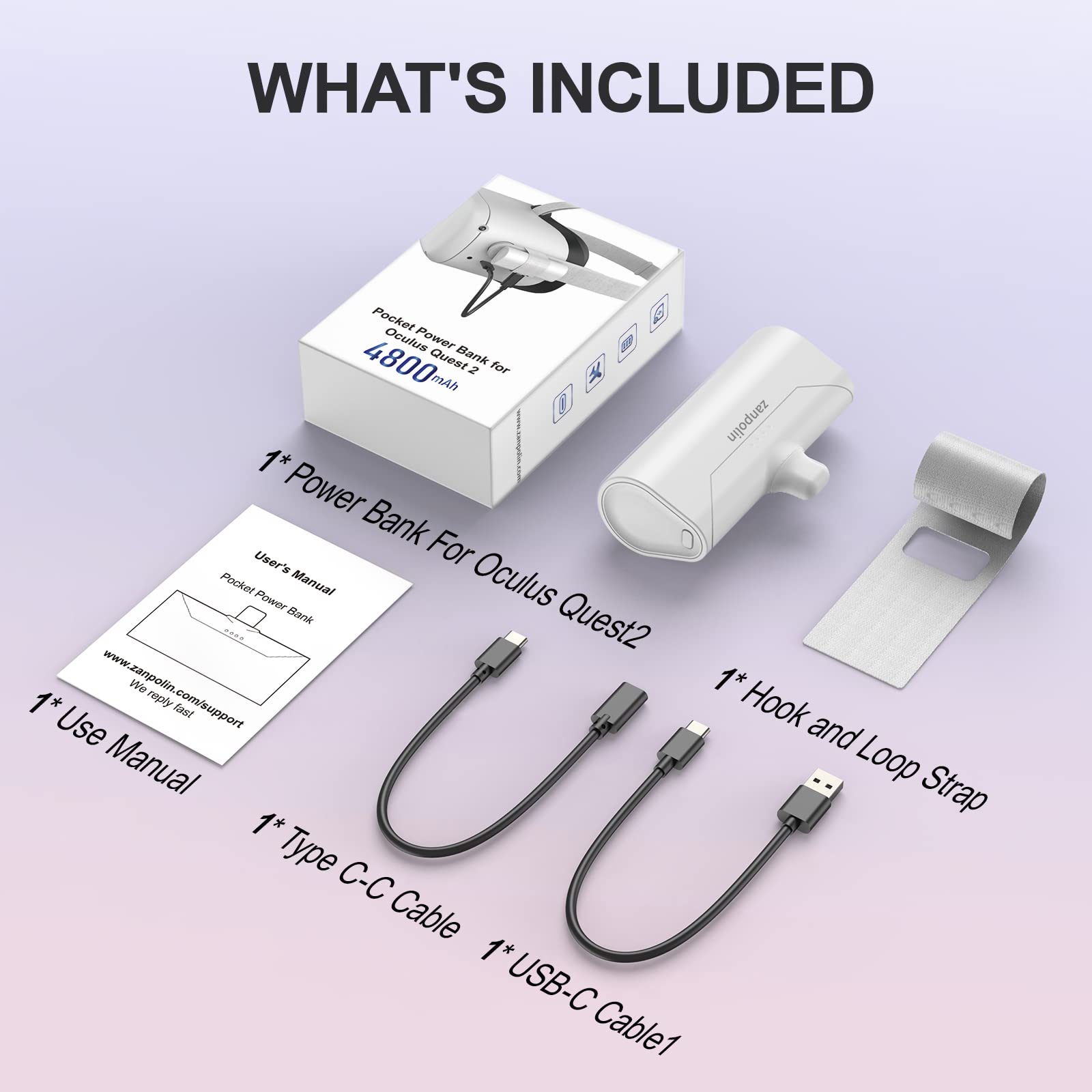 (4800mAh) Extended 2 Hours Playtime for Oculus Quest 2, Zanpolin 4800mAh Pocket Power Bank for Oculus/Meta Quest 2 and Quest, Elite Strap, Type-C Phone, Oculus 2 Battery Pack (White)