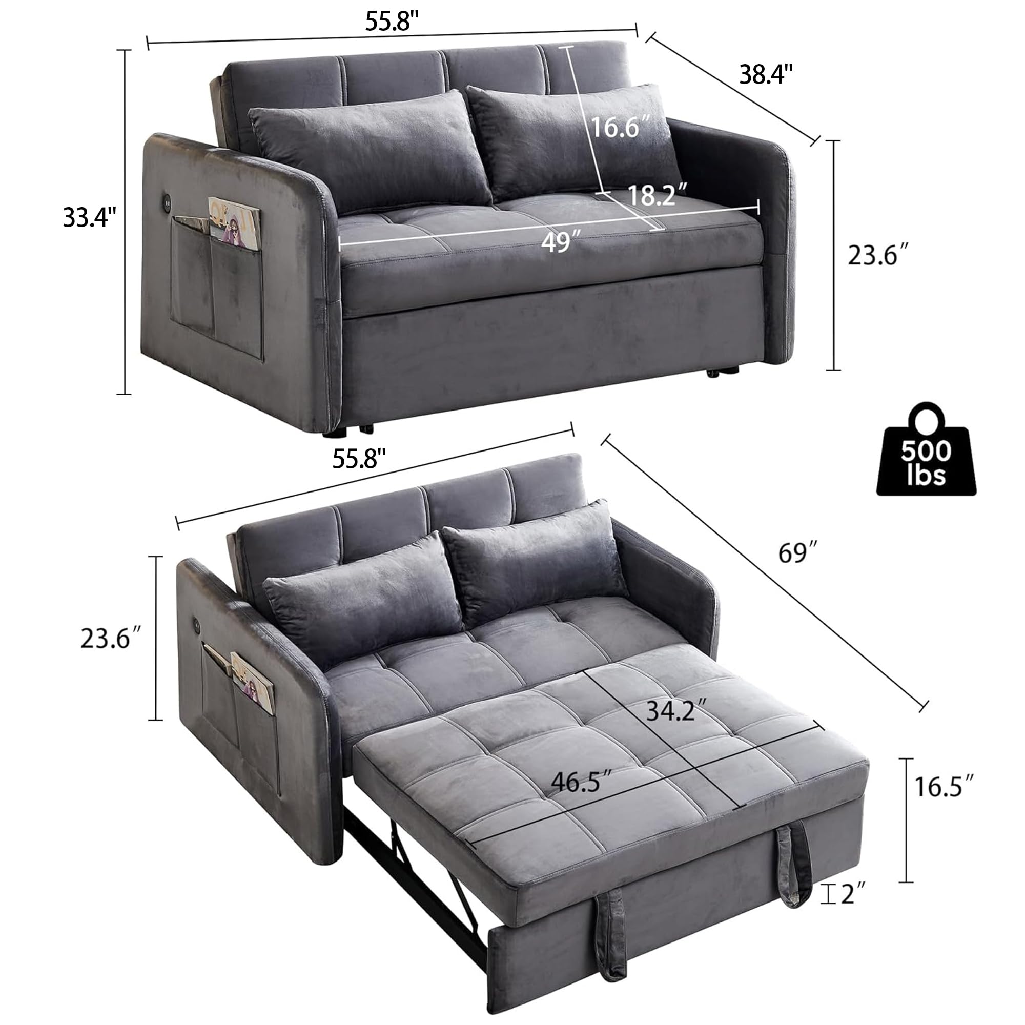 (Frequently Returned Item) Rovibek 4-in-1 Convertible L Shaped Couch with Pull Out Bed and Storage-Black