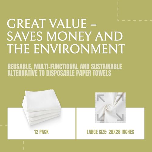 [12 Pack] Flour Sack Kitchen Dish Towels - Lint Free Soft 100% Ring Spun Cotton - Large 28x28 - White