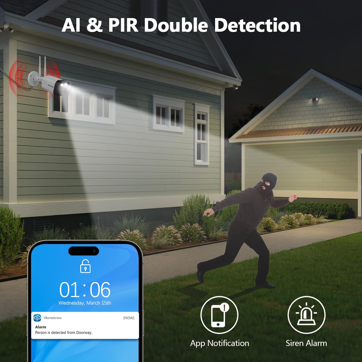(5.0MP & PIR Detection) 2-Way Audio Dual Antennas Outdoor Security Camera System Wireless WiFi Home Security System Indoor Video Surveillance (All-in-One 4-Cams 1.0TB)