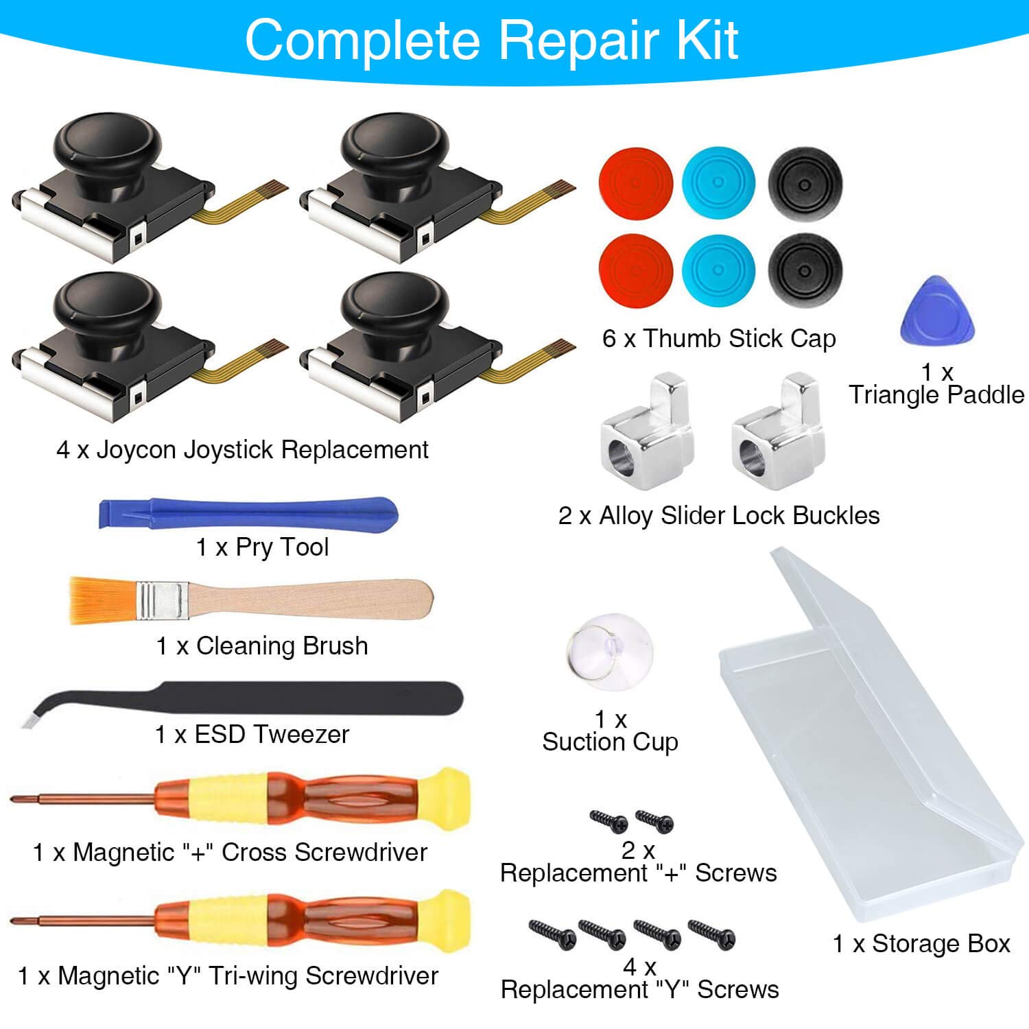 (4 Pack) Joystick Replacement for Joycon, Switch Analog Stick Parts for Nintendo Switch Joy Con, Controller Repair Kit Include 4 Thumb 3D Sticks, 2 Metal Buckles, Pry Tools, 6 Thumbstick Grips, 25Pcs