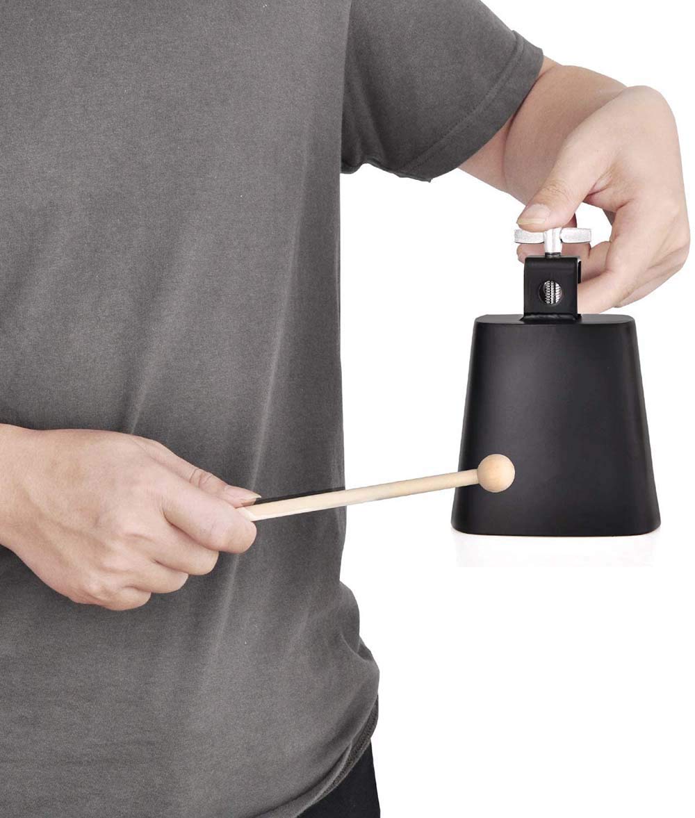 (Black) 4 Inch Metal Steel Cow Bell Noise Maker, percussion instrument with handle stick, for drum set kit percussion