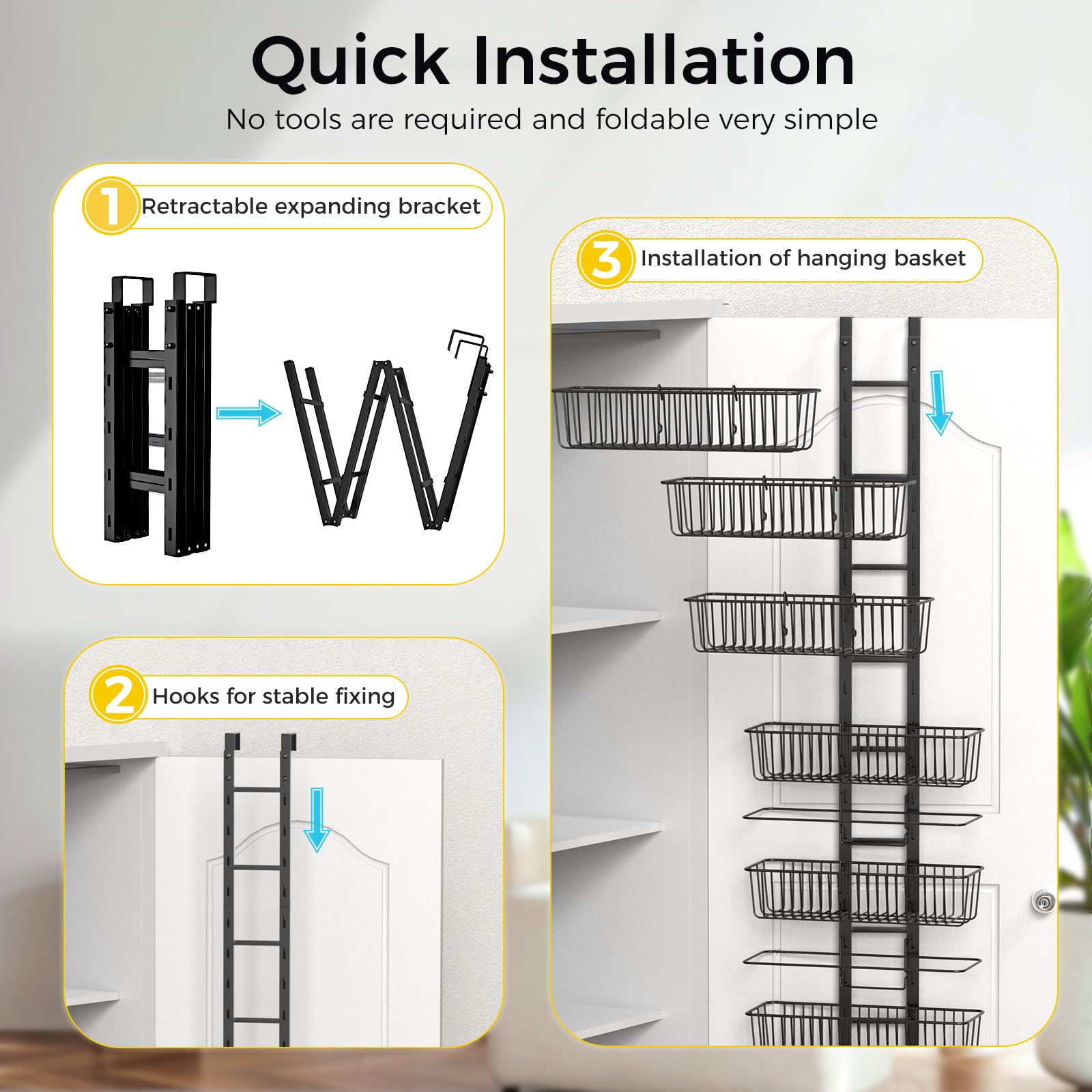 (90% Pre-installed) Over the Door Organizer for Pantry, Bathroom, Laundry Room (Multiple Uses) No Drilling Required, Sturdy and Stable (8 Adhesive Pad) 6 Tier, 12 Inches Wide, 49 Inches High