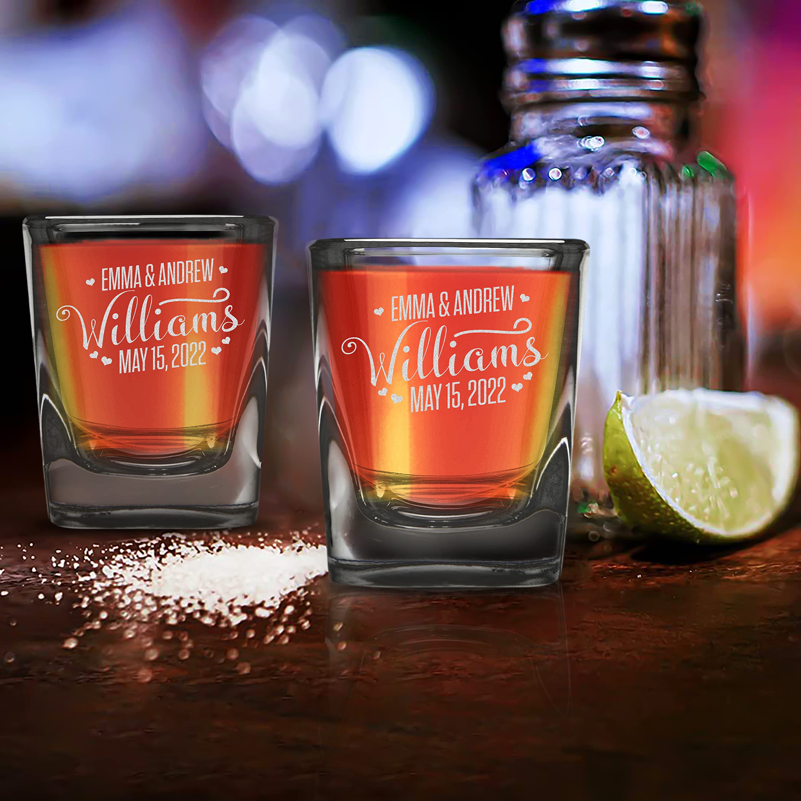 (Set of 2) Personalized Wedding Engraved Square Heavy Base Prism Shot Glass 2 oz. with Gift Box, Custom Names and Date, Gifts for Bride and Groom (Last Name)