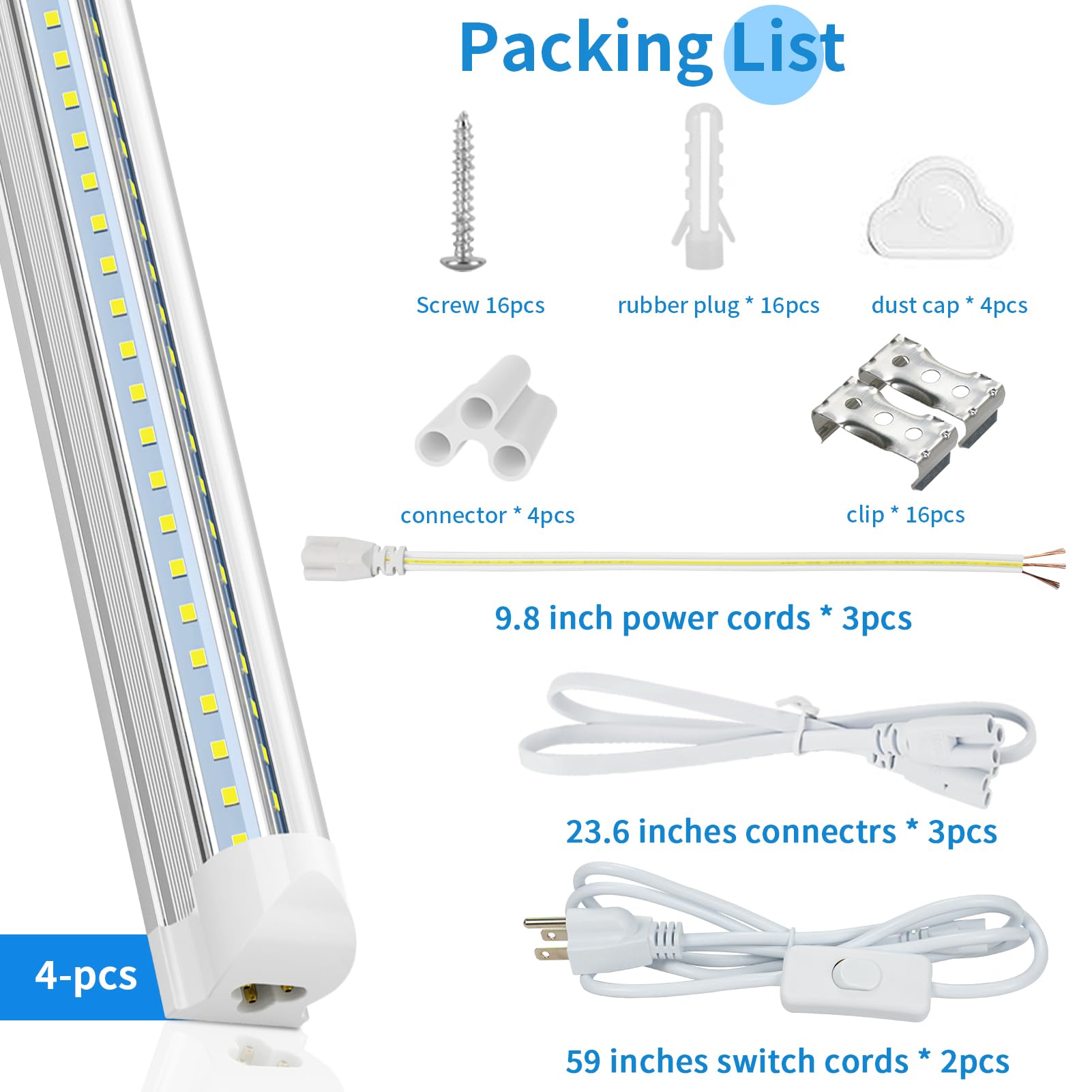 (Pack of 4) Linkable LED Utility Shop Lights for Garage, 6FT, 60W, LED Tube Ceiling Light T8 Integrated Single Fixture, 6000K, Daylight 8000lm V Shape, Basement, Offices, Clear Lens, Plug and Play