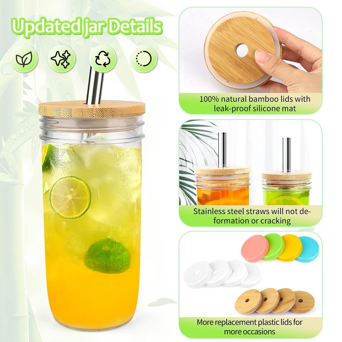 [ 4 Pack ] Glass Cups Set - 24oz Mason Jar with Straw Reusable Wide Mouth Bubble Smoothie Bobo Iced Coffee Cup w 12 Airtight Lids Brush,Tumbler Drinking Bottle for Pearl Tea, Juice