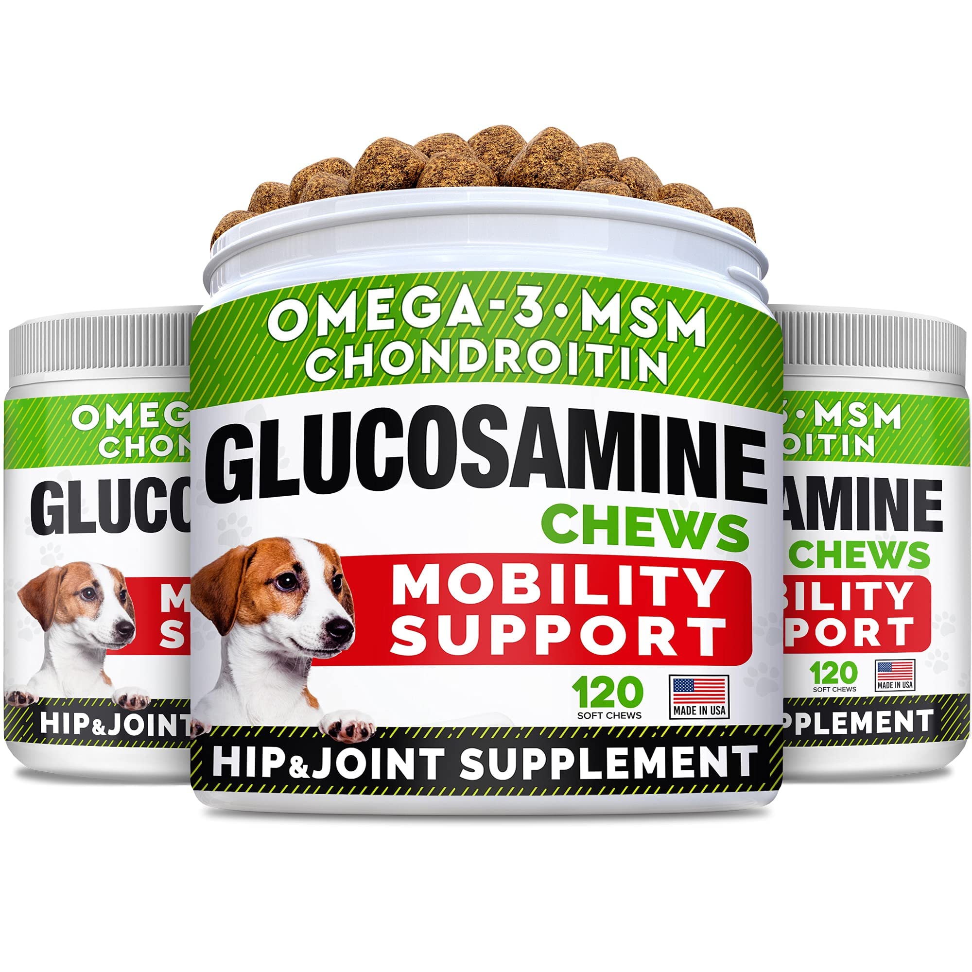 (Pack of 3) Glucosamine Treats for Dogs - Joint Supplement w/Omega-3 Fish Oil - Chondroitin, MSM - Advanced Mobility Chews - Joint Pain Relief - Hip & Joint Care - Chicken Flavor - Made in USA