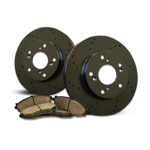 (Rear Brakes)-(StarTech Autoparts Premium Top-Notch)-(2 Black Rust-Resistant Coated Drilled Brake Rotors & 4 Ceramic Brake Pads)-(STA-BD-C-R-BrakeKit-719)