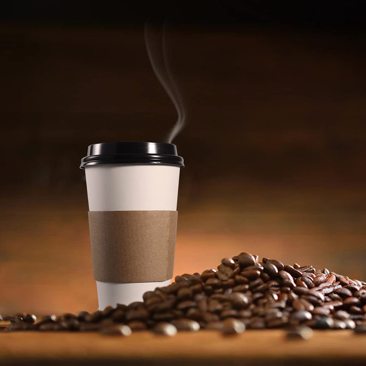(Pack Of 50)G Store 16 OZ White Disposable Paper Coffee Cup,with Black Dome Lid,Kraft Sleeve Combo And Stirrers ,Hot/Cold Beverage Drinking Cup.