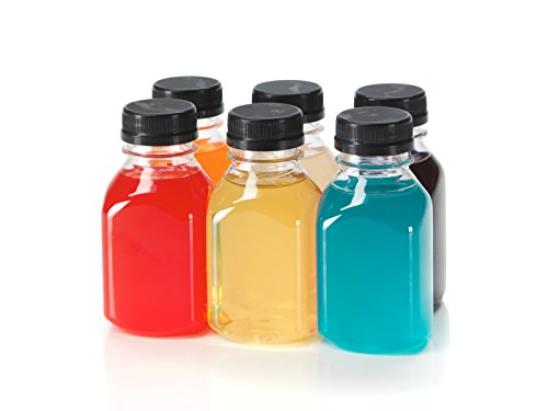 (6) 8 oz. Clear Food Grade Square Plastic Juice Bottles with Black Tamper Evident Caps 6/pack