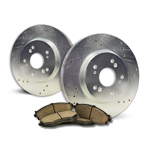 (Rear Brakes)-(StarTech Autoparts Premium Top-Notch)-(2 Silver Rust-Resistant Coated Drilled Brake Rotors & 4 Ceramic Brake Pads)-(STA-ZD-C-R-BrakeKit-719)