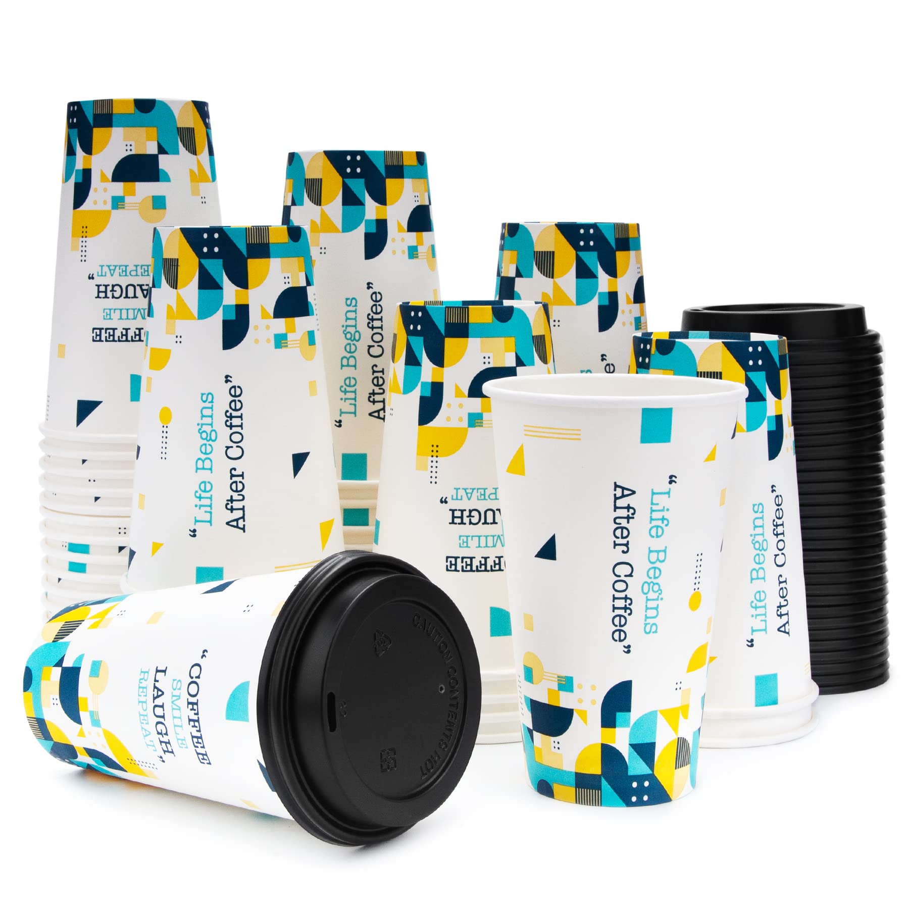 [100 Pack] To Go Coffee Paper Cups with Lids 16 oz | Disposable Coffee Cups with lids | Reusable & Recyclable | Hot & Cold Beverage Drinking Cups for Espresso Tea Water Milk