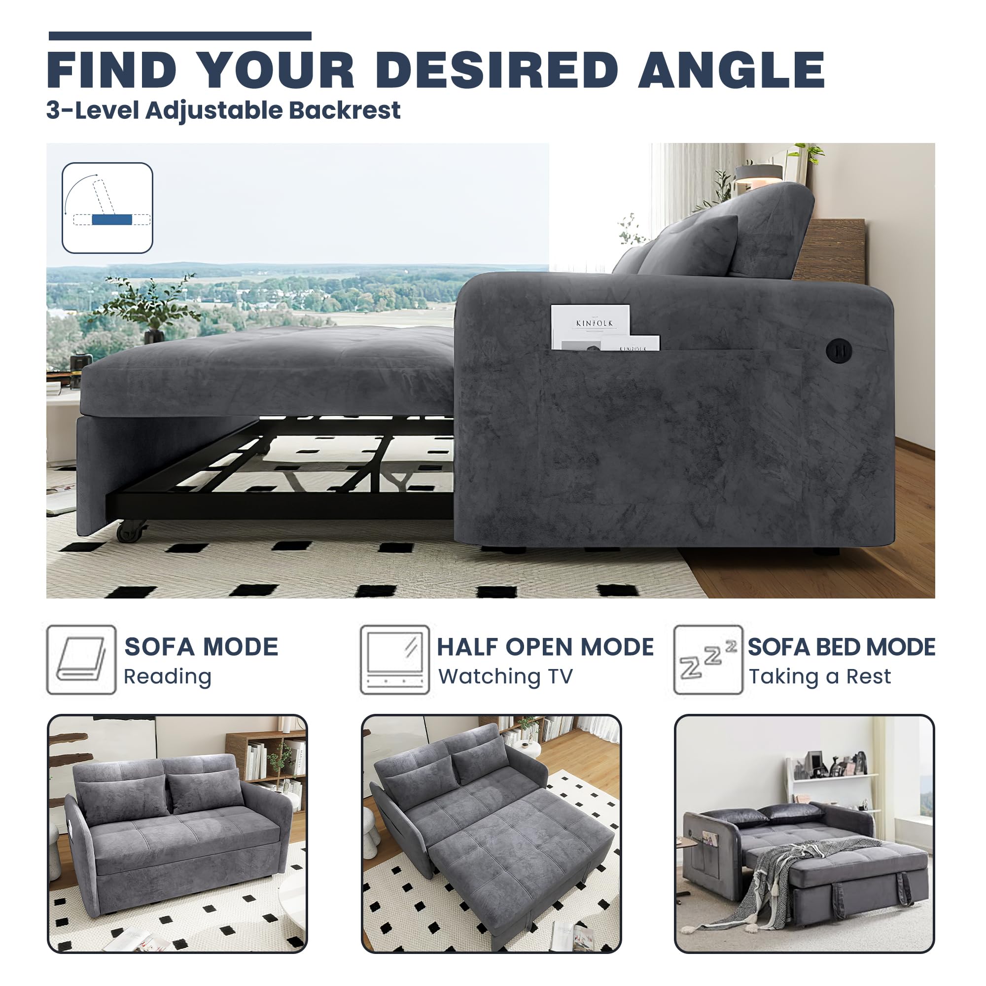 (Frequently Returned Item) Rovibek 4-in-1 Convertible L Shaped Couch with Pull Out Bed and Storage-Black