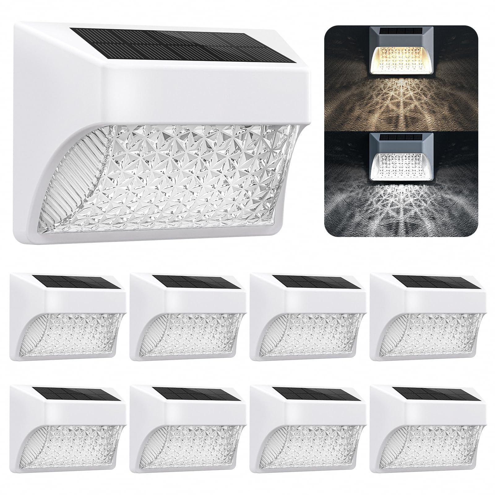 (8 Pack, 20LM) Stay on Solar Outdoor Lights from Dusk to Dawn, 2 Modes: Warm White/Cool White, IP65 Waterproof Solar Powered LED Light for Fence Deck Step Yard Stair Garden Decorative, Wall Mount