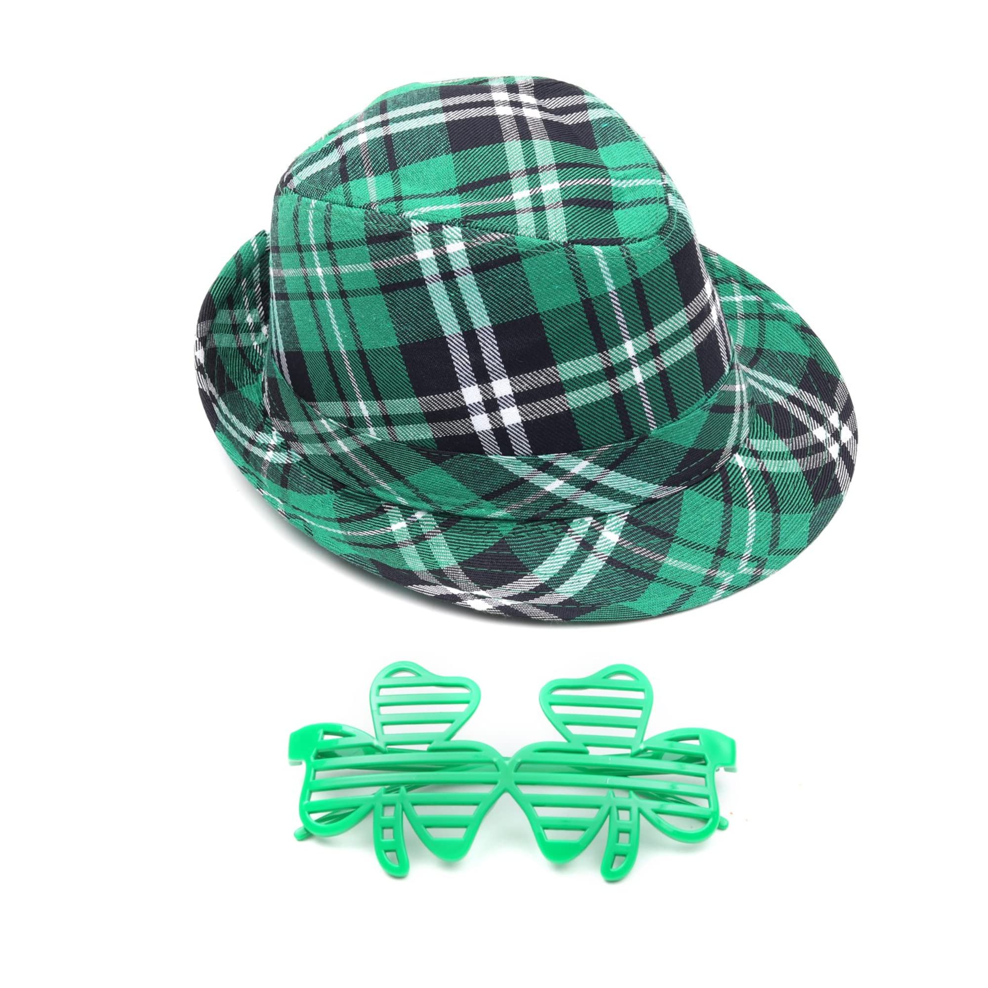 (Combo Pack) St. Patrick’s Day Hat (Large) and Shamrock Shutter Sunglasses - Green Fedora with Irish Plaid Design