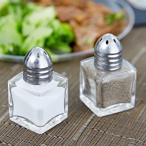 (Set of 2) Mini Salt and Pepper Shakers, 0.5 oz / 1/2 oz Glass Cube Body Restaurant Salt and Pepper Shakers By Tezzorio