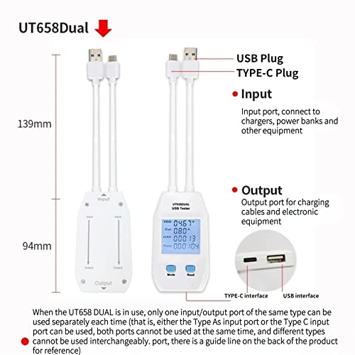 (UT658 Dual) USB Detector Digital Voltmeter Ammeter Power Capacity Voltage Current Meter Used to Inspect USB Chargers, Portable Power Sources