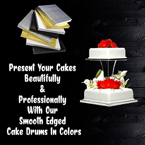 [ 16 Pack ] Square Cake Drums in 2 Sizes and 4 Colors - Black, Gold, Silver & White. 10 Inch and 12 Inch - 1/2 Inch Thick with Smooth Edge. Use as Cake Base, Cake boards and its Reusable