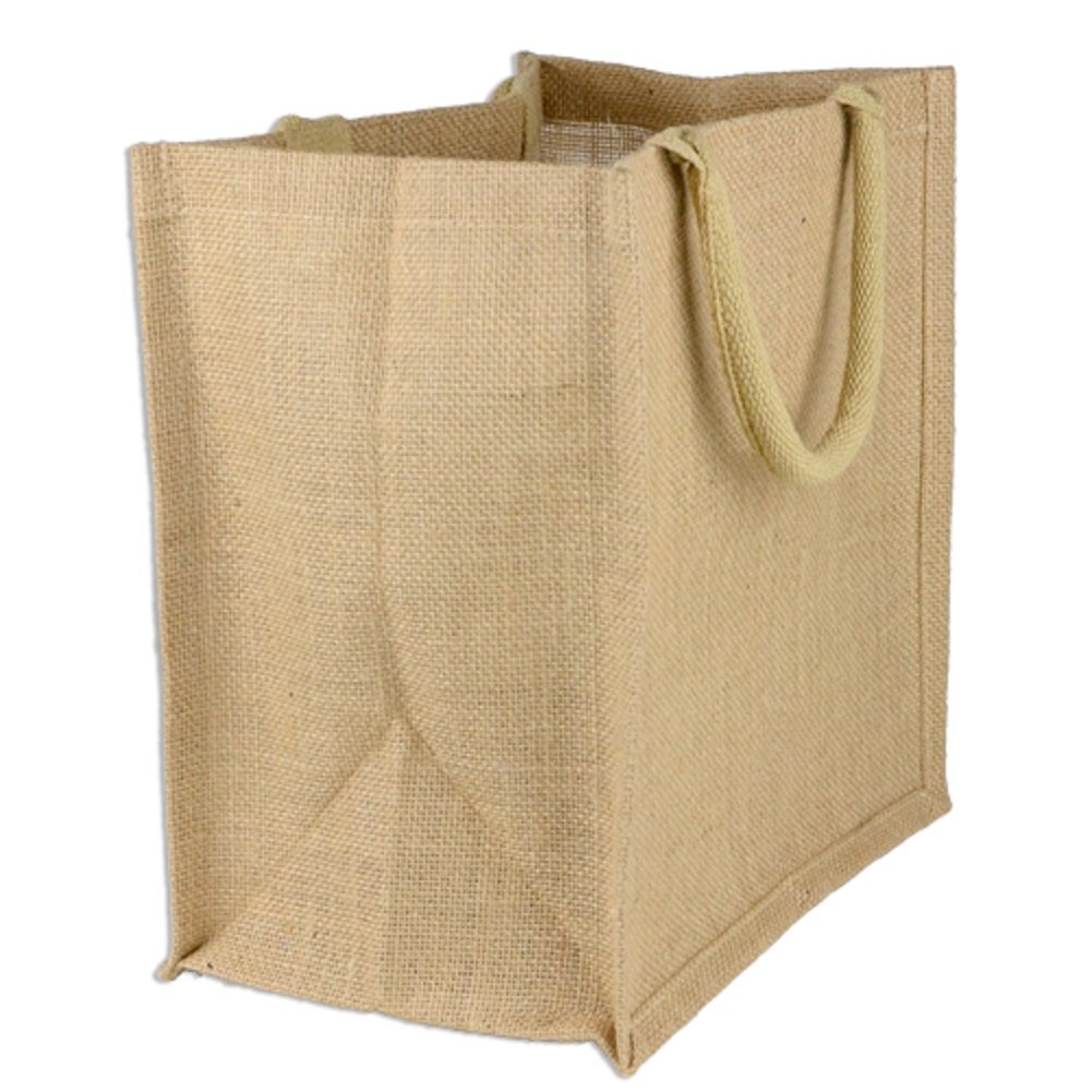 (Pack of 12) Jute/Burlap Tote Bags Soft Cotton Handles Laminated Interior (Medium, Natural)