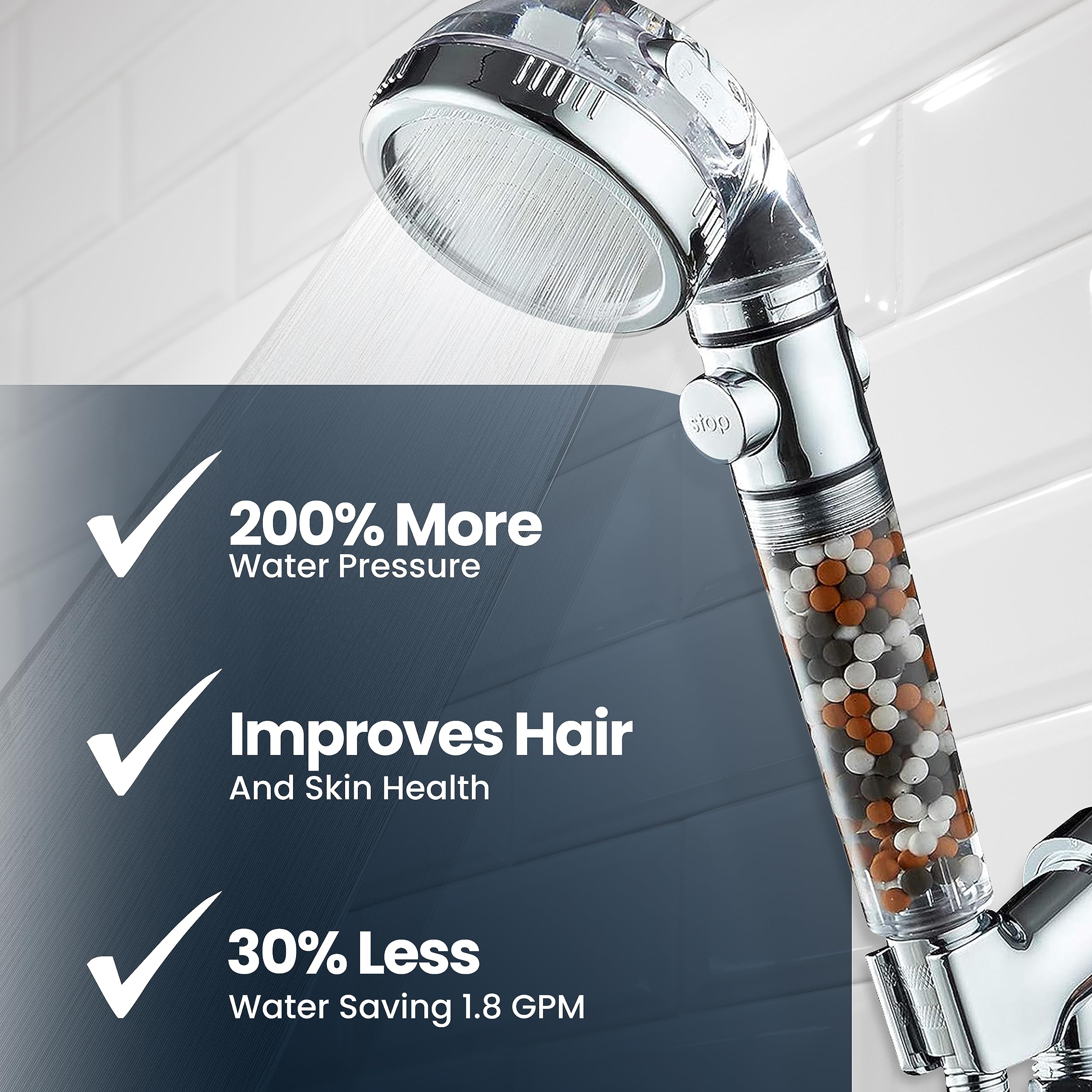 (Official) Shower Envy Shower Head by Ecowater Nortex - Filtered Showerhead, Eco Powder High Pressure Water Softener with ON/OFF switch and Ionic Beads for Dry Skin & Hair - 3 Spray Settings