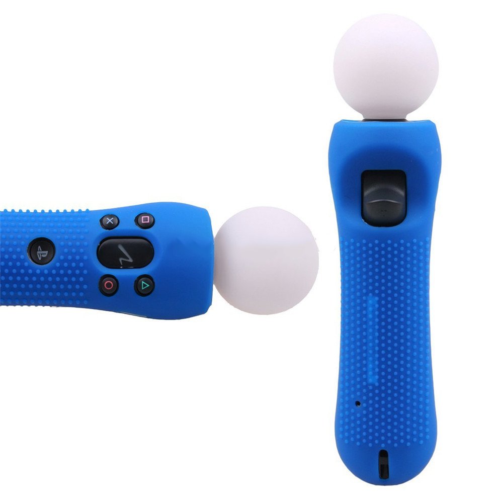 (Blue) 2 pcs Anti-Slip Silicone Rubber Cover Protective Skin Case for Playstation PS4 VR Move Motion Controller