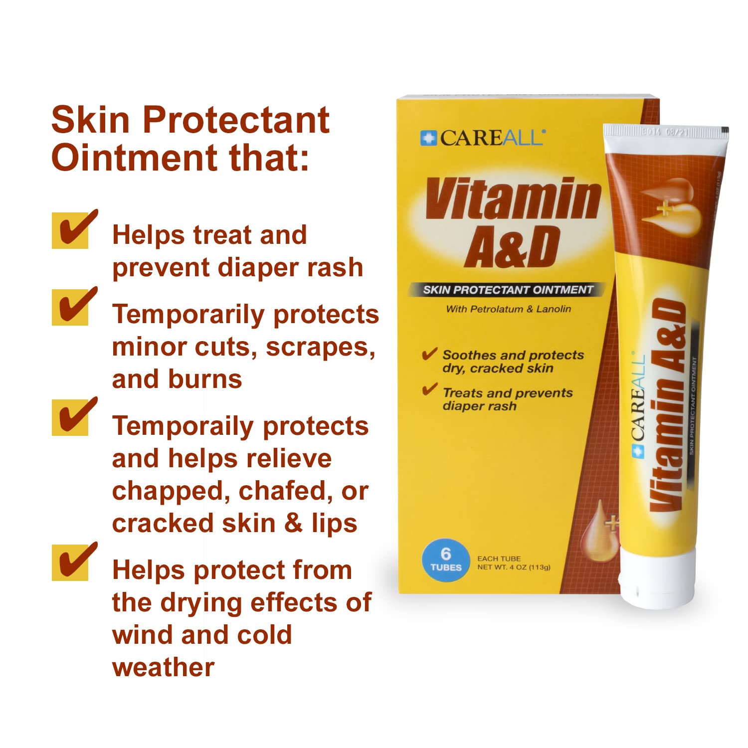 (6 Tubes) CareALL 4oz Vitamin A&D Ointment with Lanolin Diaper Rash and Skin Protectant