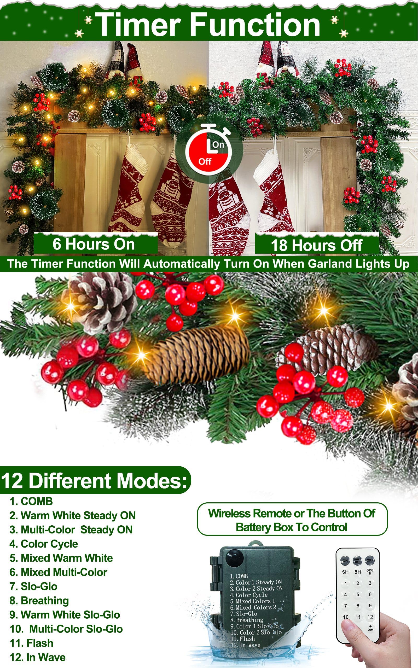 [ Dual Color Switch & Timer & Remote Control ] 9Ft by 10 Inch 80 LED Christmas Garland Warm White & Multi Color Change Lights 12 Mode Thick 300 Snowy Tips 198 Red Berry 18 Pinecone Prelit Xmas Garland