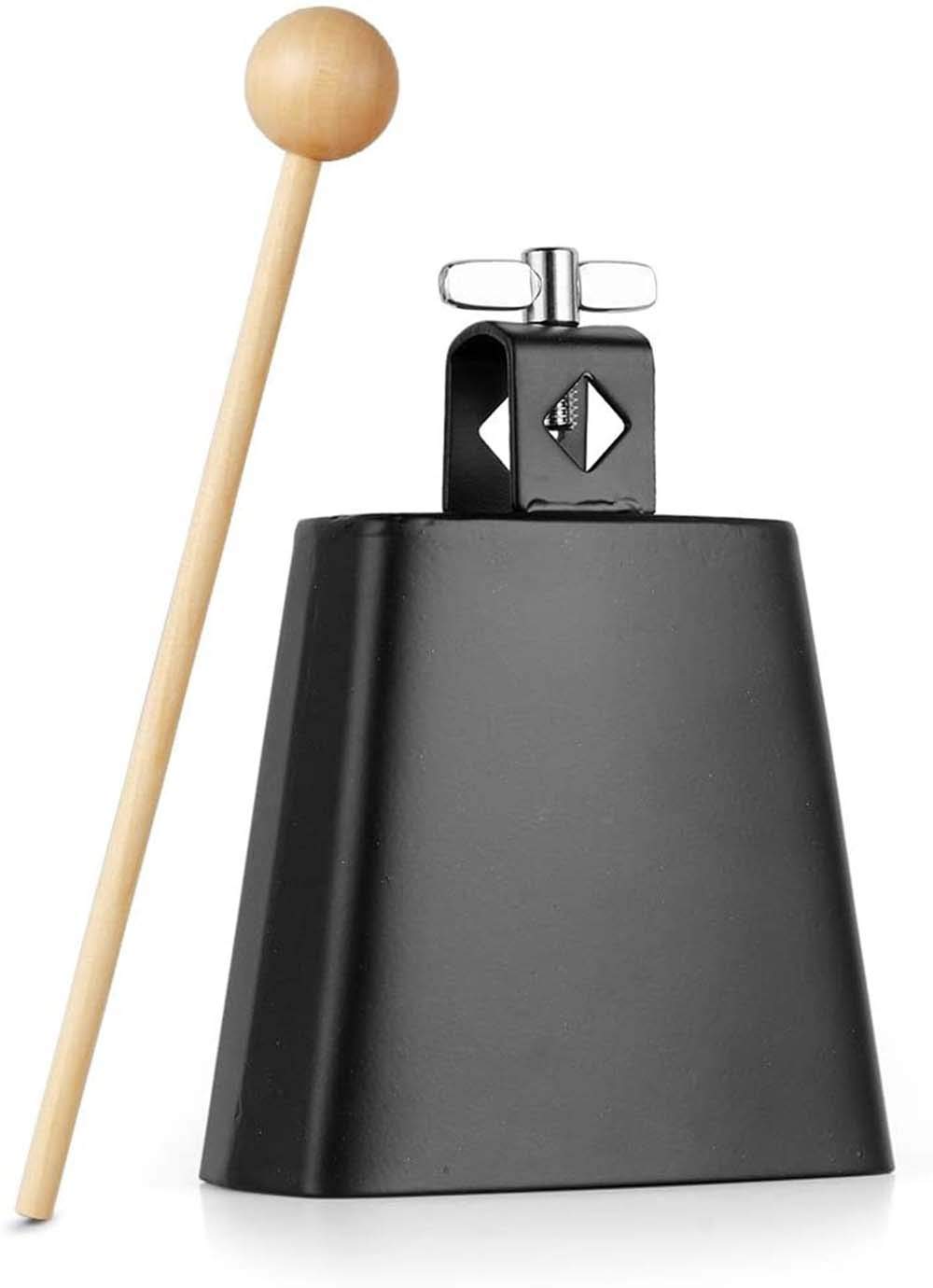 (Black) 4 Inch Metal Steel Cow Bell Noise Maker, percussion instrument with handle stick, for drum set kit percussion