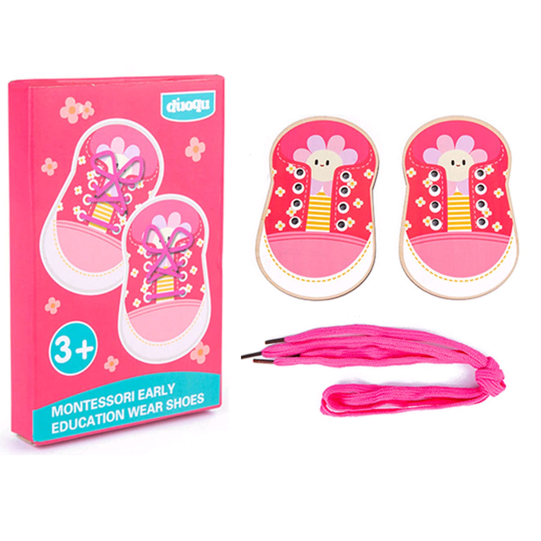 (Pack of 2) Wooden Lacing Shoe Learn to Tie Shoelaces, Fine Motor Skills Threading Board Game