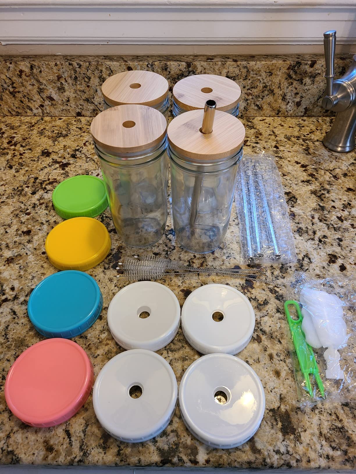 [ 4 Pack ] Glass Cups Set - 24oz Mason Jar with Straw Reusable Wide Mouth Bubble Smoothie Bobo Iced Coffee Cup w 12 Airtight Lids Brush,Tumbler Drinking Bottle for Pearl Tea, Juice