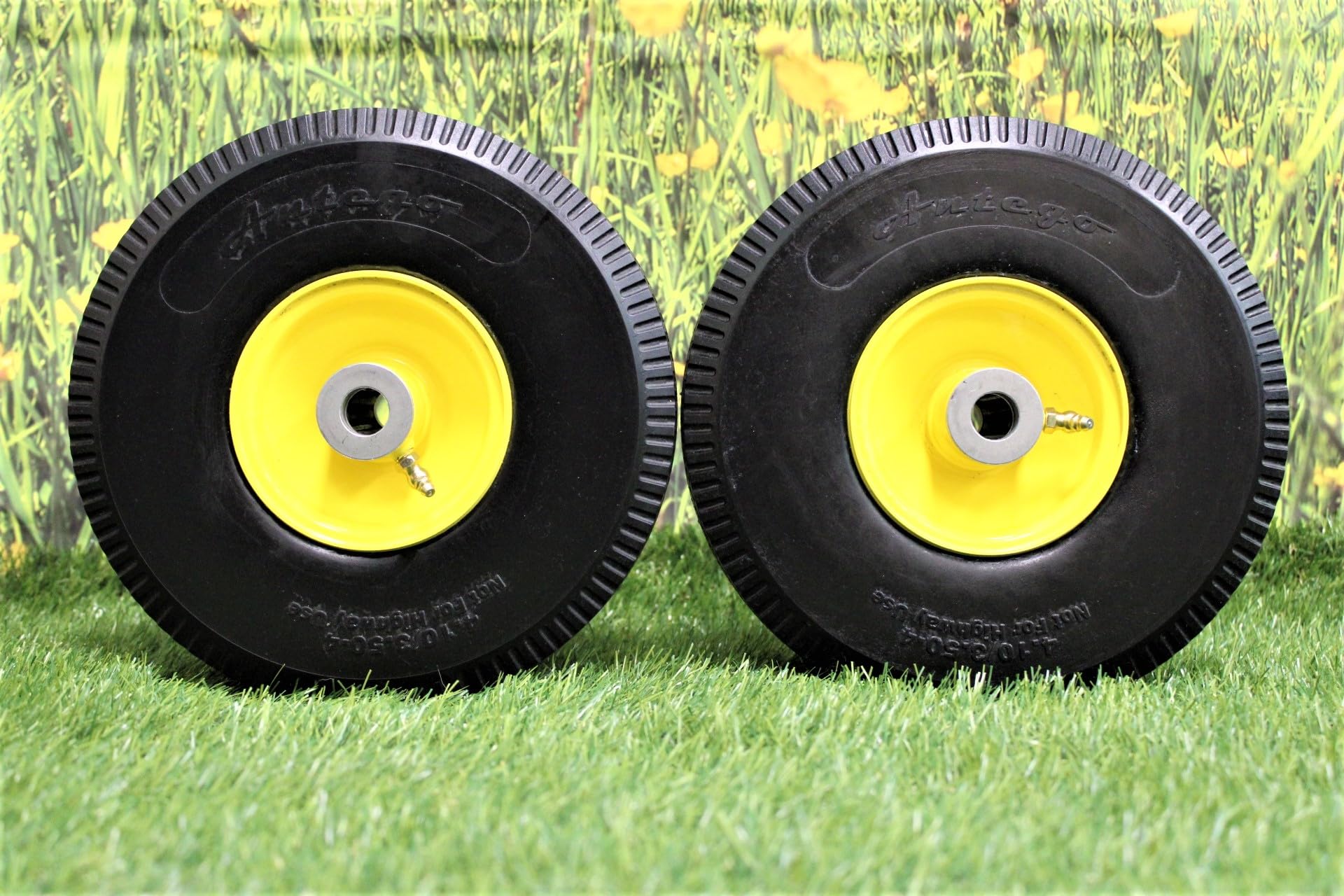 (Set of 2) 4.10/3.50-4 (10") Flat Free Tires and Wheels/Sawtooth tread, 4-1/4" Hub with 3/4" bore. Compatible with Toro 105-3471, Time Cutter Z, and John Deere