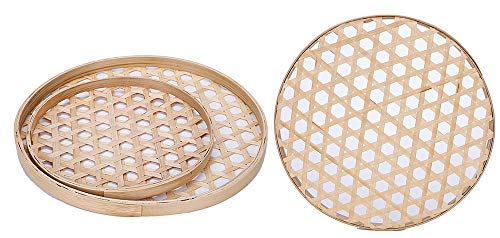 (Only by Bulk)100% Handwoven Flat Wicker Round Fruit Basket Woven Food Storage Weaved Shallow Tray Bin Vegetable Organizer Holder Bowl Decorative Rack Display (Only More Than 5Pcs) (30cm/11.8")
