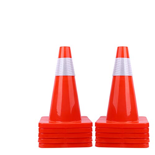 [ 10 Pack ] 18" Traffic Cones PVC Safety Road Parking Cones Weighted Hazard Cones Construction Cones for Traffic Fluorescent Orange w/4" Reflective Strips Collar Traffic Safety Cones