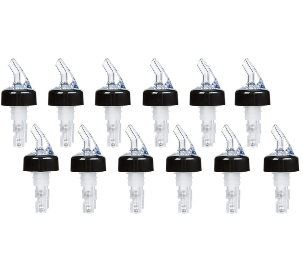 (Pack of 12) Measured Liquor Bottle Pourers, 1.25 oz, Clear Spout Bottle Pourer with Clear Tail and Black Collar, Measured Pour Spouts by Tezzorio