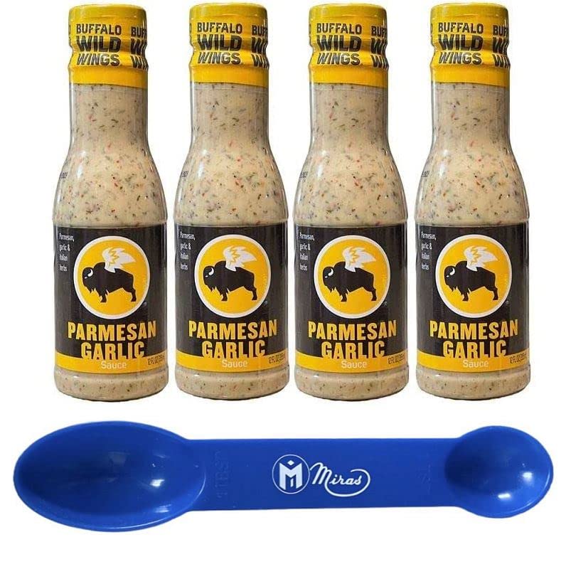 (Pack of 4) Buffalo Wild Wings Parmesan Roasted Garlic Sauces 12 fl oz (Free Miras Trademark 2-in-1 Measuring Spoon Included!)