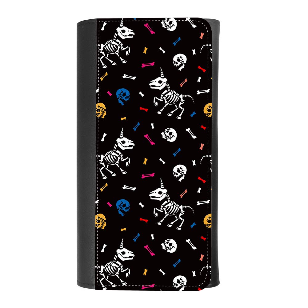 (Cute Unicorn Skull Skeleton) women's Patterned Leather Buckle Trifold Wallet Bag Pouch Holster With Credit Card Holder insurance for smartphones