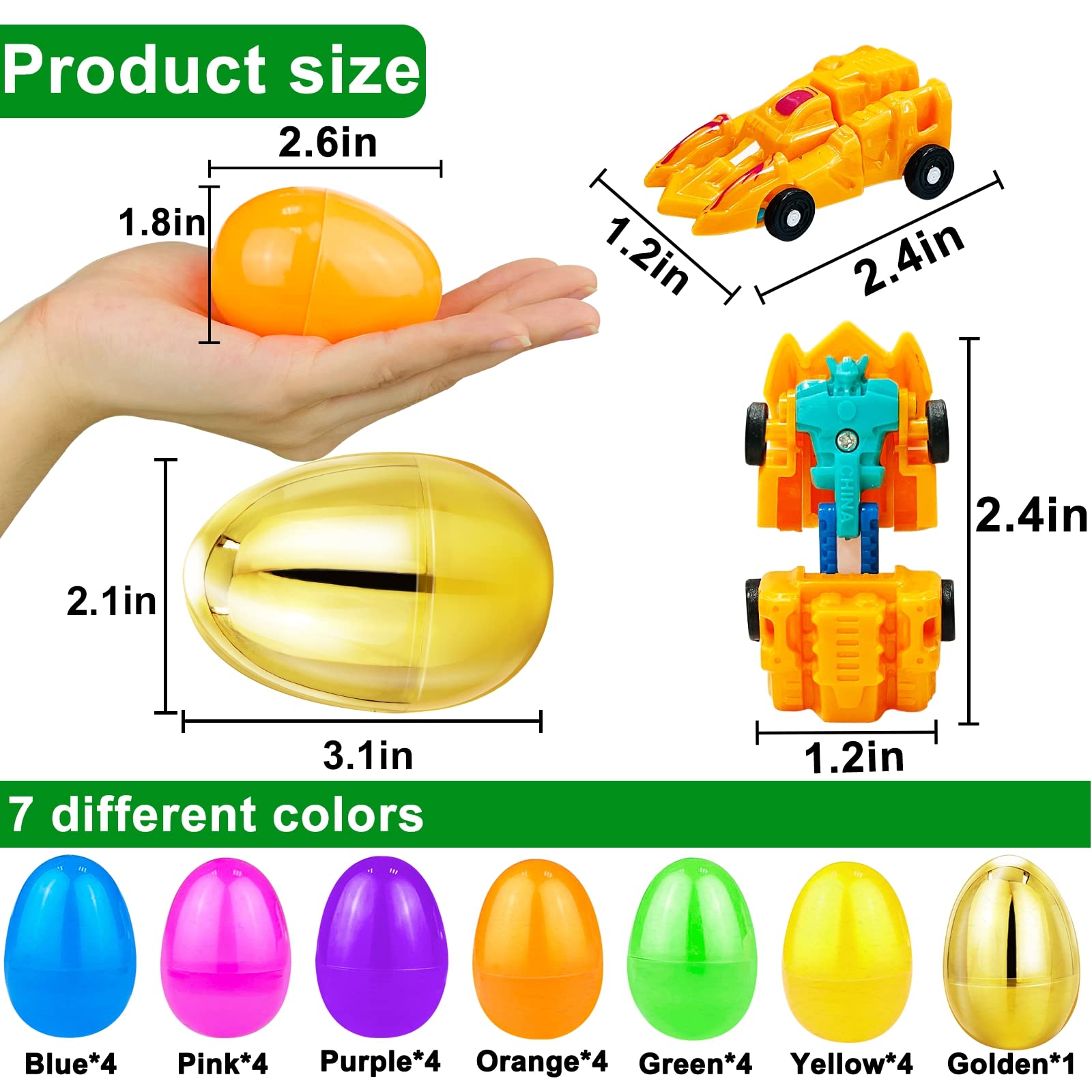 [ 1 Gold Egg ] 24 Pack Easter Egg Filled with Transform Car Robot Toys, 24 Easter Eggs + 24 Easter Toys for Kid, Easter Basket Stuffers Prefilled Plastic Easter Egg for Boys 24 Vehicle Easter Egg Hunt