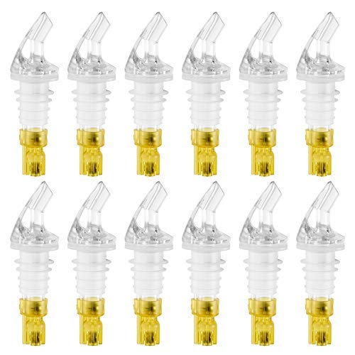 (Pack of 12) Measured Liquor Pourers, 1.5 oz, No Collar Clear Spout Bottle Pourer with Yellow Tail