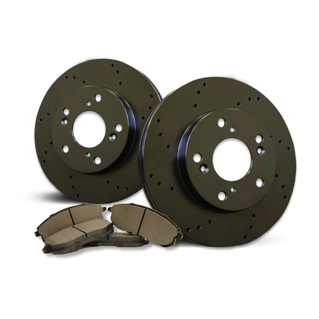 (Rear Brakes)-(StarTech Autoparts Premium Top-Notch)-(2 Black Anti-Rust Coated Drilled Brake Rotors & 4 Semi-Metallic Brake Pads)-(STA-BD-S-R-BrakeKit-719)