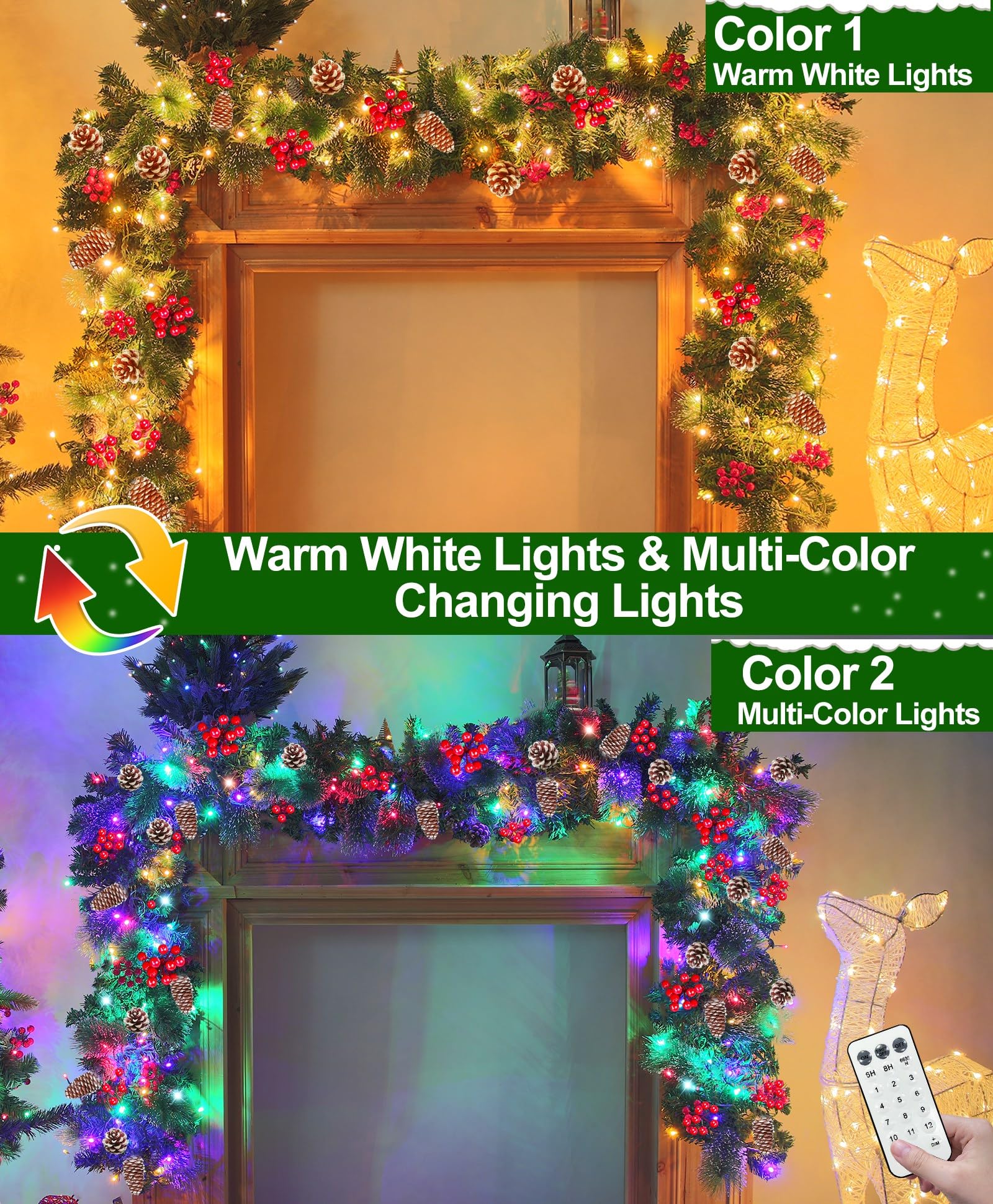 [ Dual Color Switch & Timer & Remote Control ] 9Ft by 10 Inch 80 LED Christmas Garland Warm White & Multi Color Change Lights 12 Mode Thick 300 Snowy Tips 198 Red Berry 18 Pinecone Prelit Xmas Garland