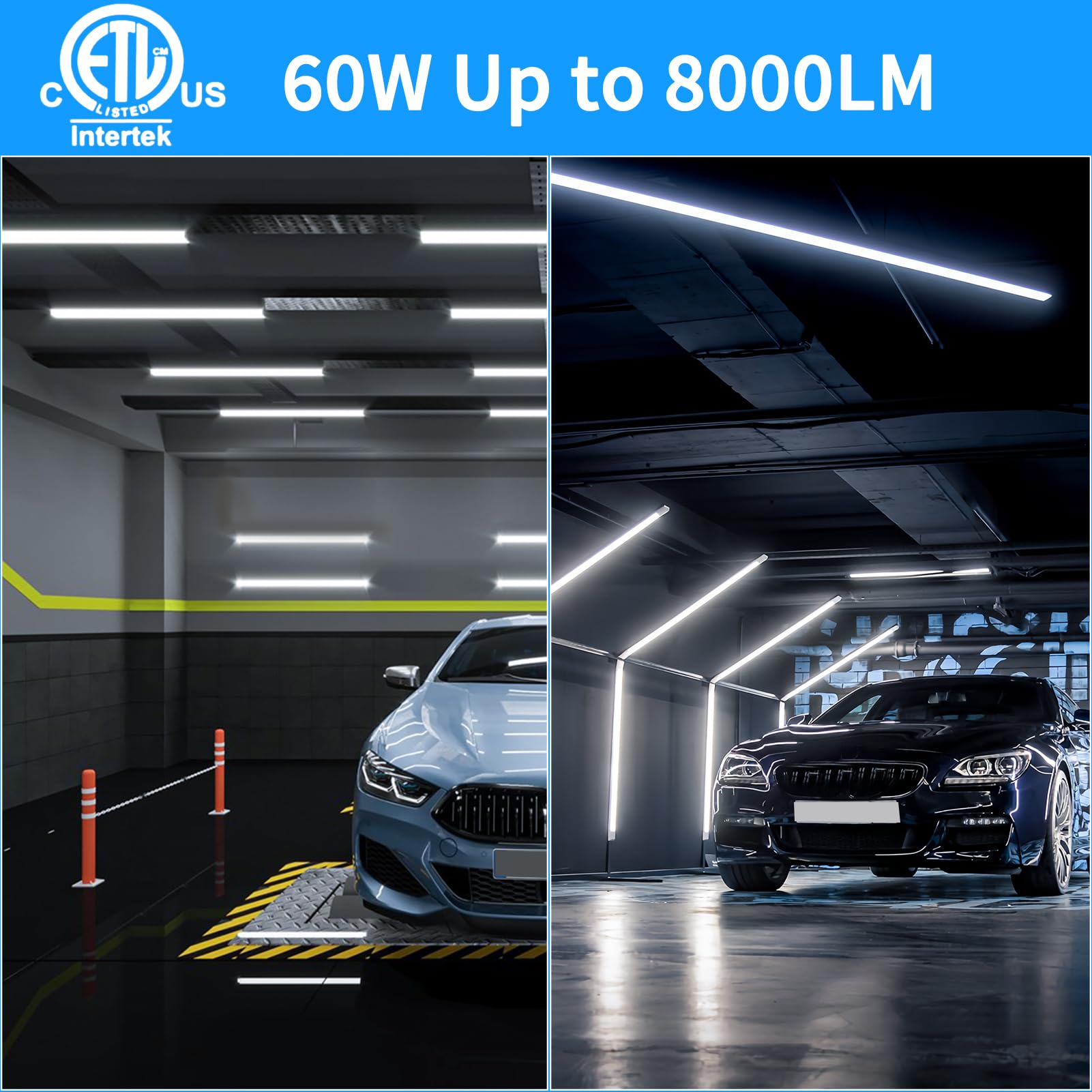 (Pack of 4) Linkable LED Utility Shop Lights for Garage, 6FT, 60W, LED Tube Ceiling Light T8 Integrated Single Fixture, 6000K, Daylight 8000lm V Shape, Basement, Offices, Clear Lens, Plug and Play