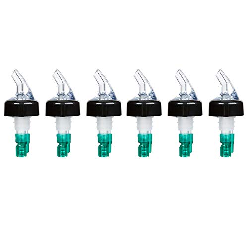 (Pack of 6) Measured Liquor Bottle Pourers, 0.75 oz, Clear Spout Bottle Pourer with Green Tail and Black Collar, Measured Pour Spouts by Tezzorio