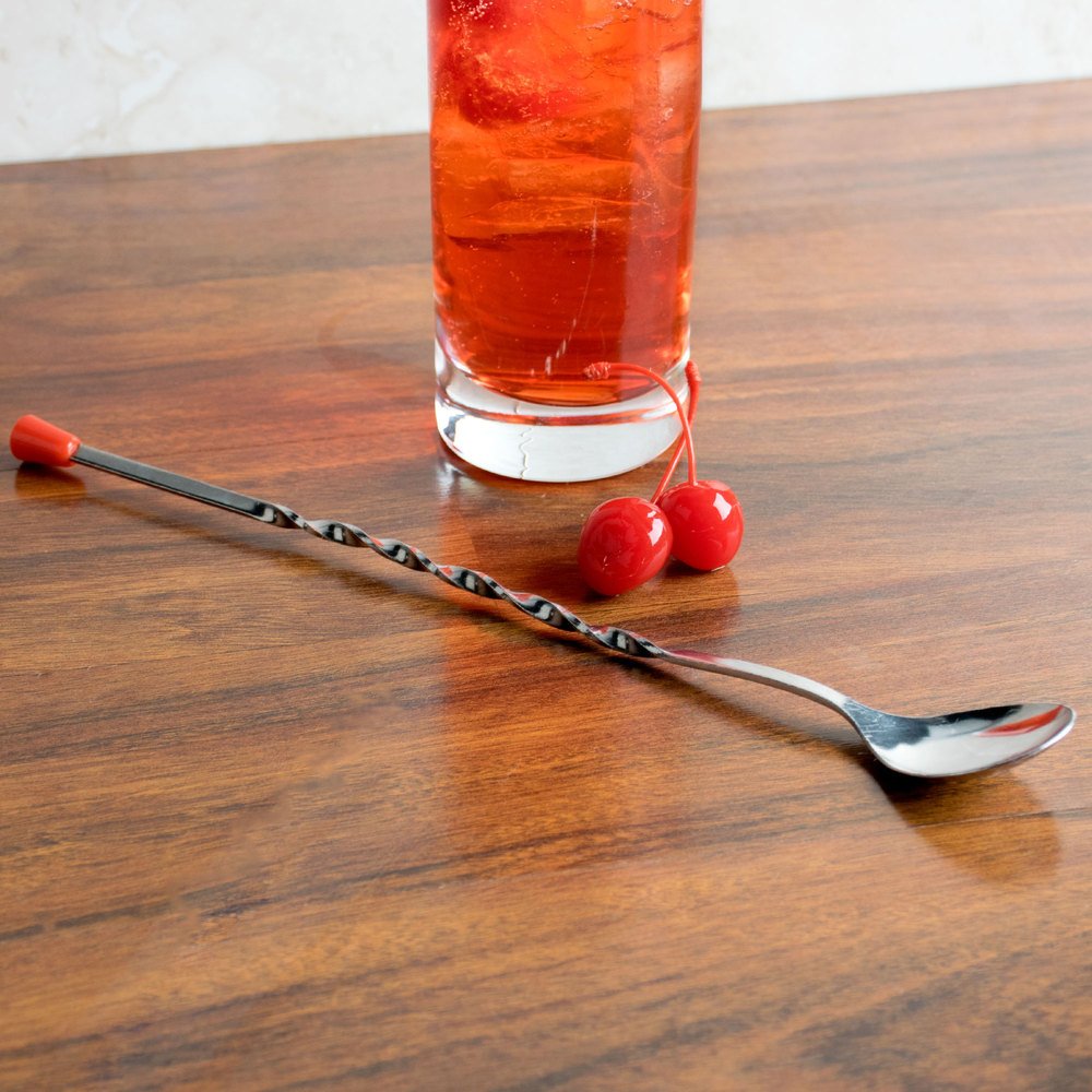 (Set of 3) 11-Inch Stainless Steel Bar Spoon with Red Knob, Long Handle Twisted Mixing Spoon
