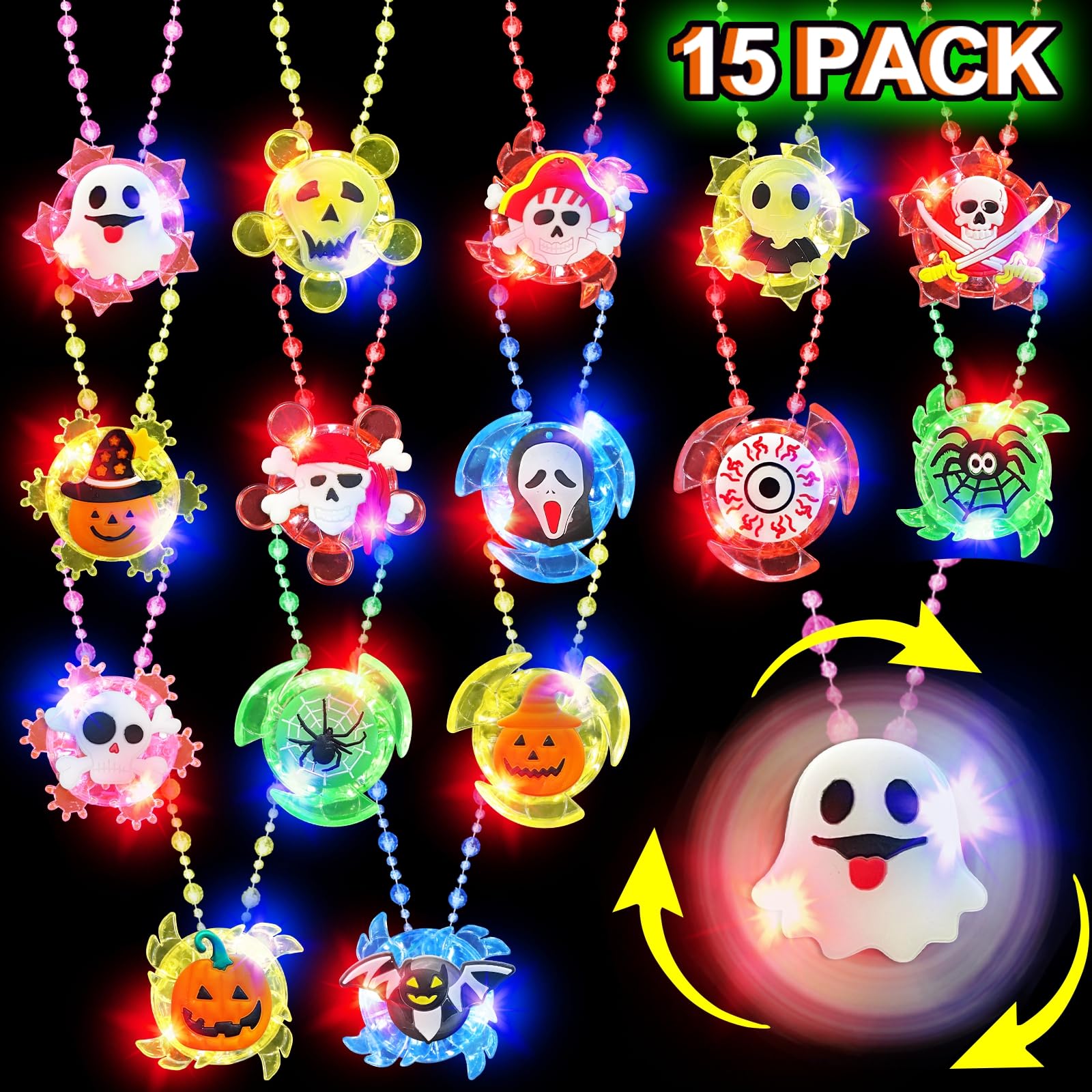 [ Rotating Fidget ] 15 Pack Halloween Spin LED Necklaces Toys Party Favors Toys for Kids 15 Styles Spider Ghost Halloween Light Up Trick or Treat Toys Goodie Bag Filler Glow in The Dark Party Supplies
