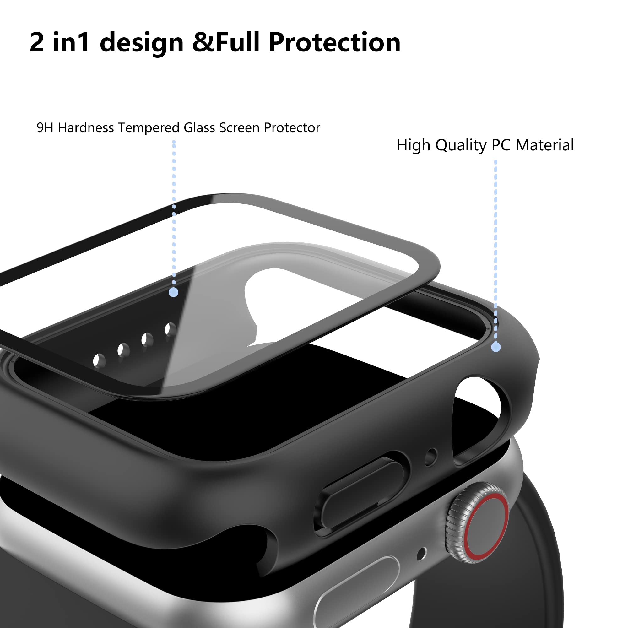[2 Pack] Restoo Case Compatible for Apple Watch Series 6/5/4/SE 44mm with Tempered Glass Screen Protector,HD Clear Touch Sensitive Ultra Thin Hard PC Protective Cover-44mm,Black + Clear